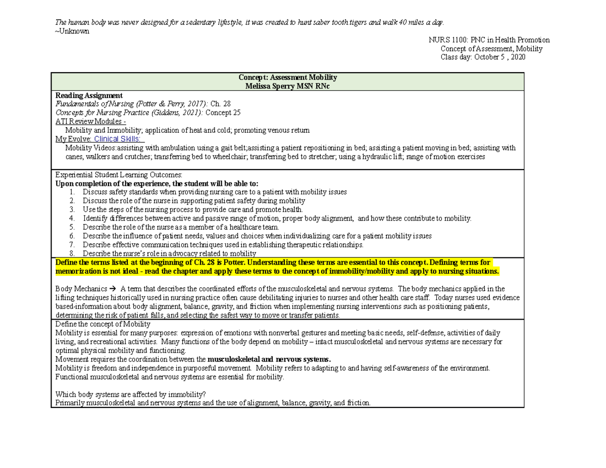 Mobility Learning Guide - ~Unknown NURS 1100: PNC in Health Promotion ...