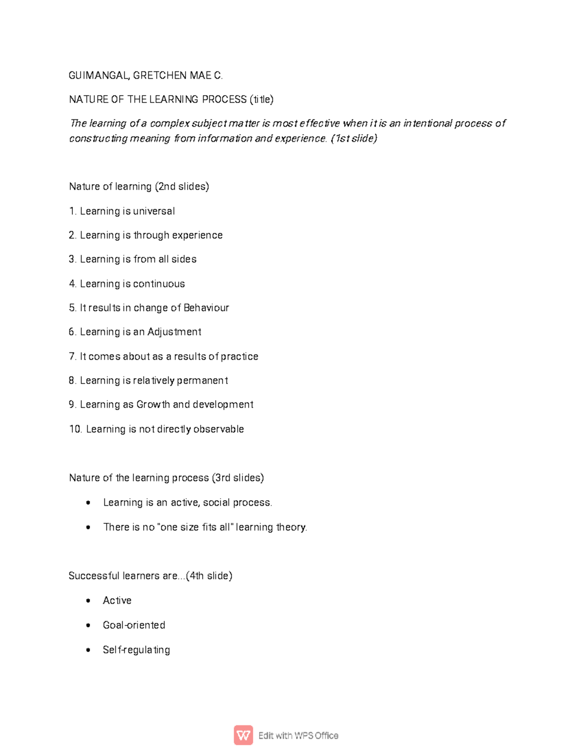 Nature OF Learning Process Guimangal GRET WPS Office - GUIMANGAL ...