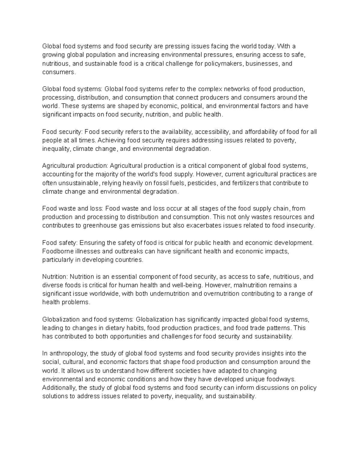 Global food systems and food security - With a growing global ...