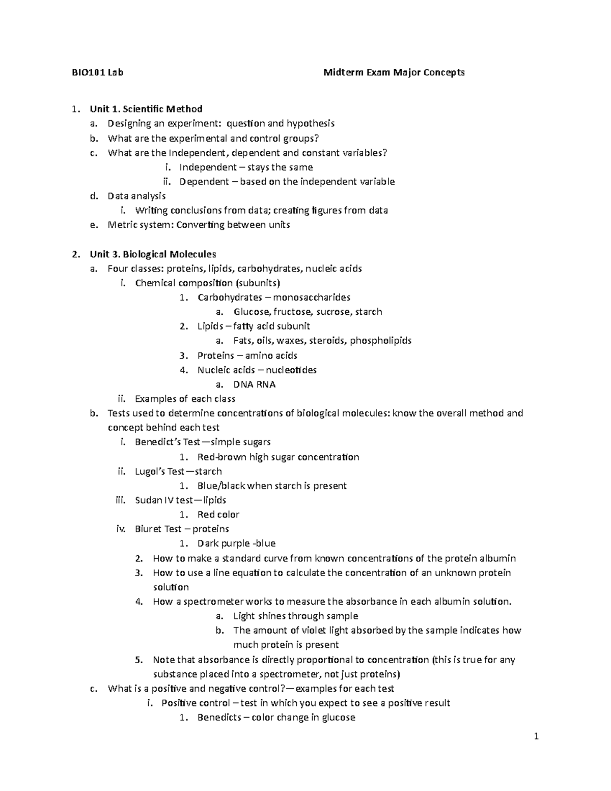 Bio101L Midterm Exam Major Concepts Study Guide SP20 - BIO101 Lab ...