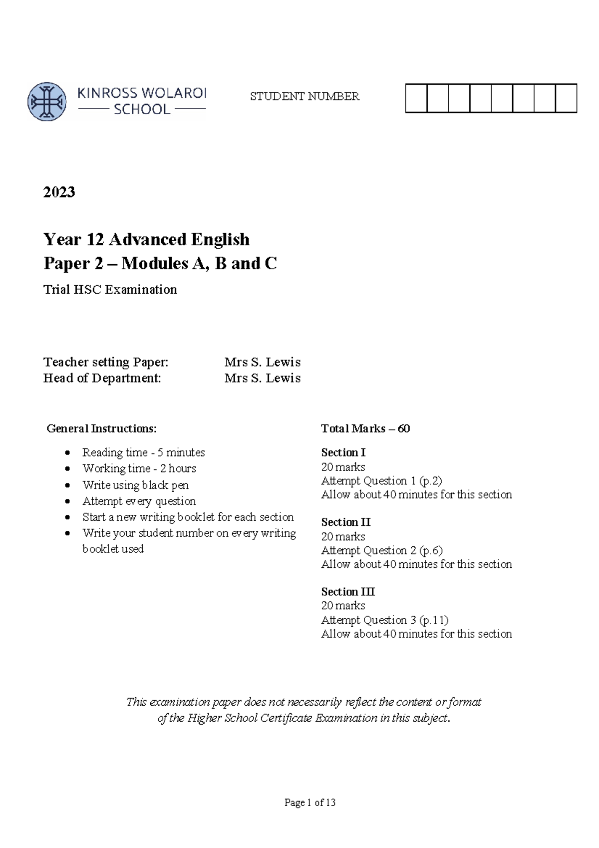 Kinross 2023 Advanced English Modules Paper 2 - STUDENT NUMBER 2023 ...