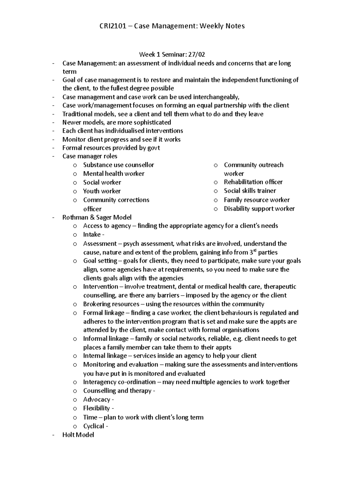 CRI2101 Weekly Notes - Week 1 Seminar: 27/ Case Management: an ...