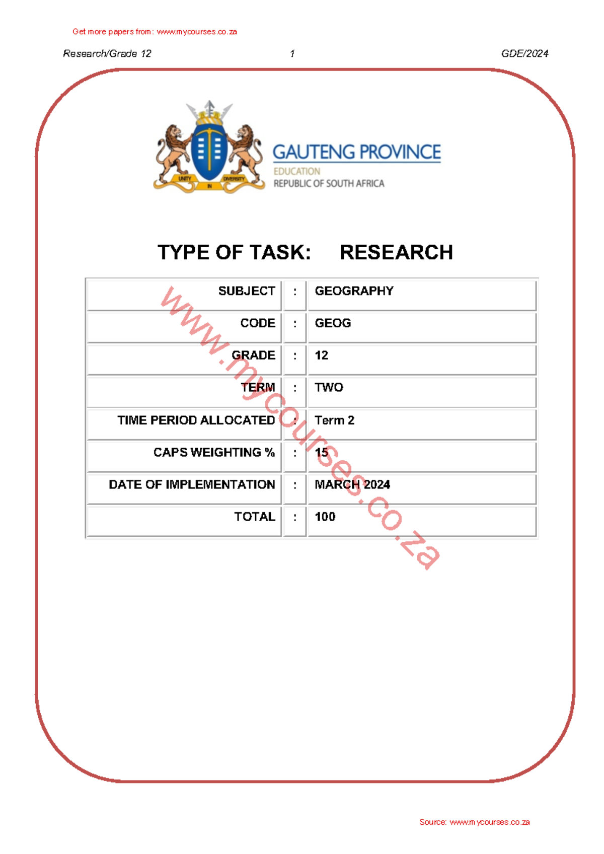 Geography Grade 12 Hypothesis Testing - Research/Grade 12 1 GDE/ TYPE ...