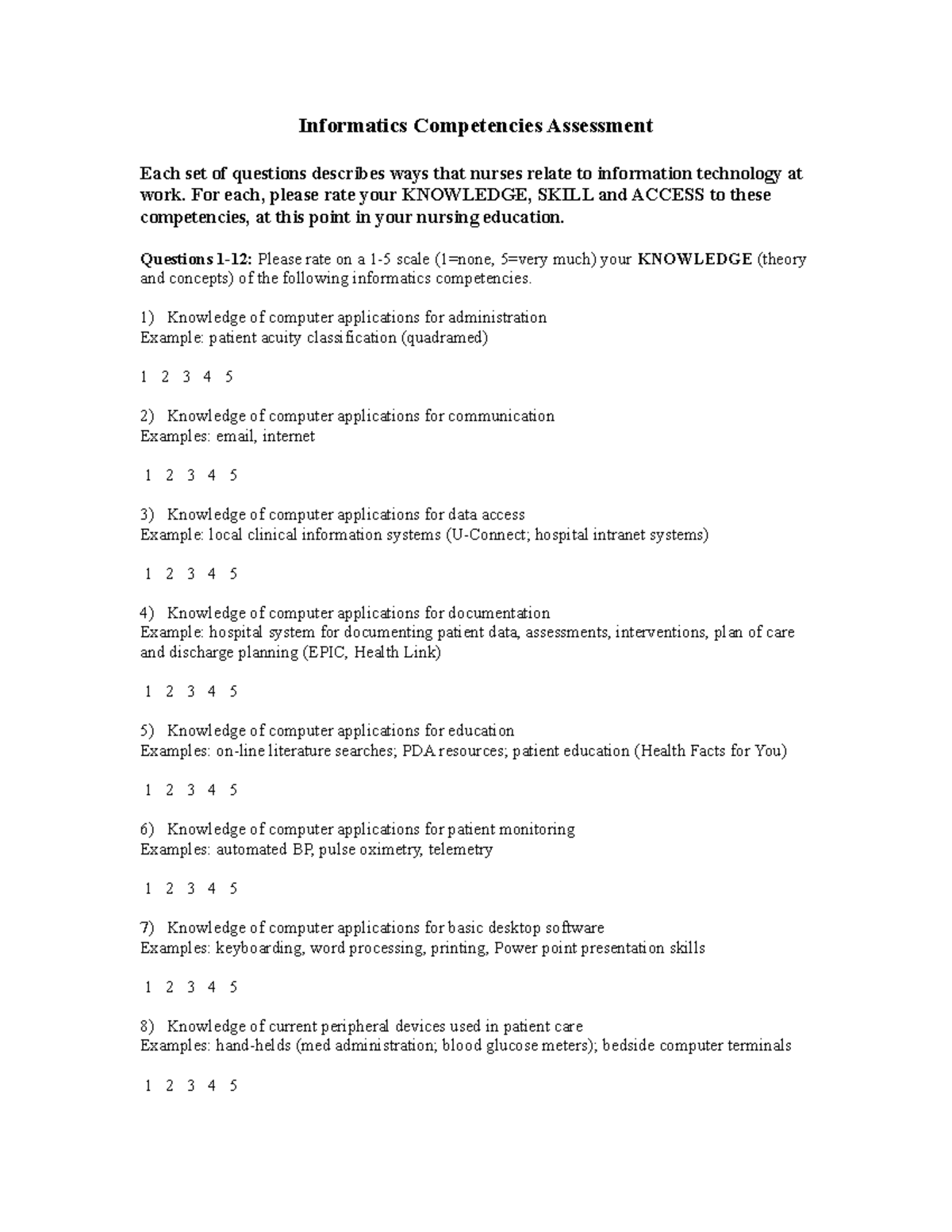 Self-assessment of computer competencies University of Wisconsin ...