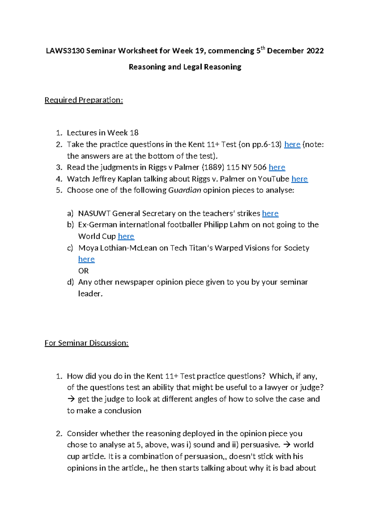 Week 19 Seminar Worksheet - LAWS3130 Seminar Worksheet for Week 19 ...