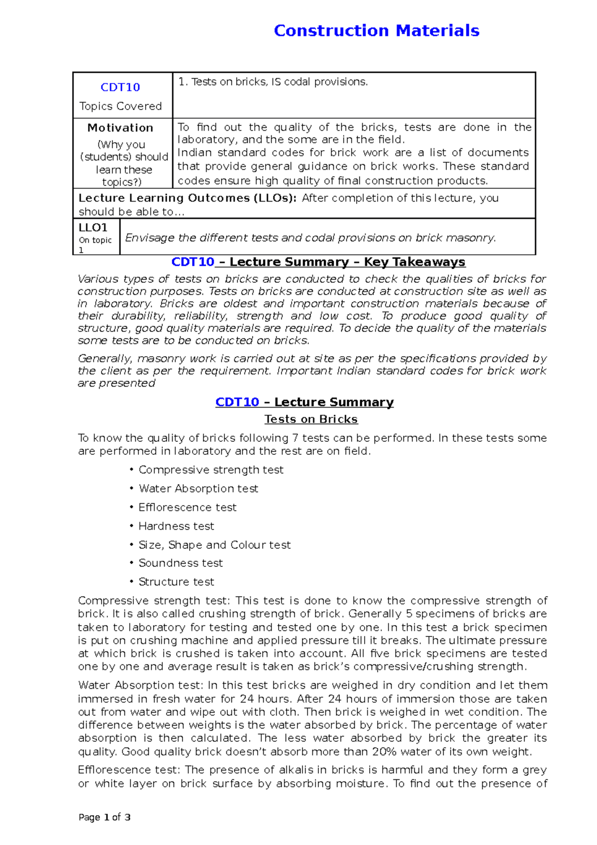 22-23 CM CDT10 Summary 3CE1 - Construction Materials CDT Topics Covered ...