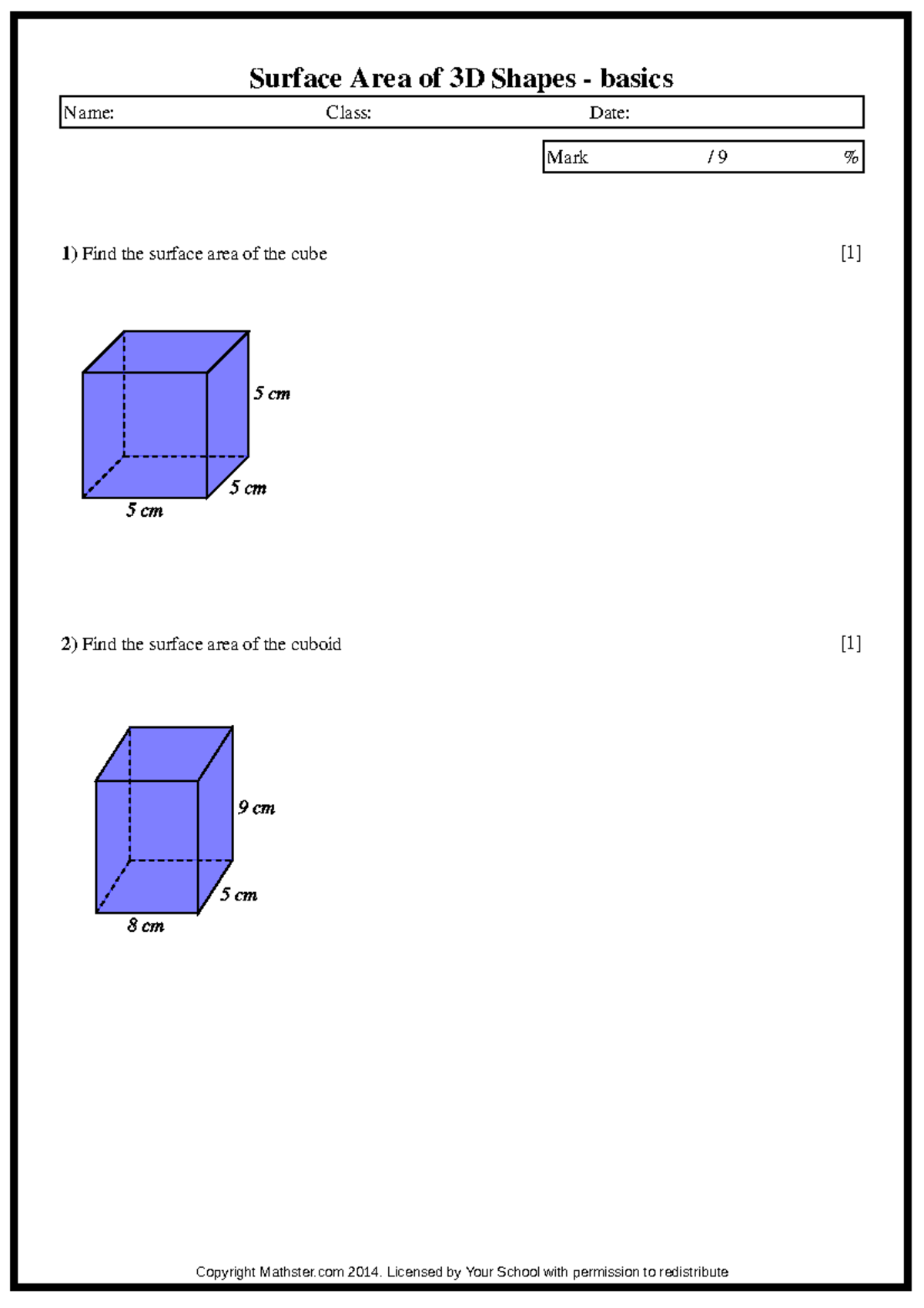 Surface Area of 3D Shapes - basics - Mark / 9 % 1) Find the surface ...