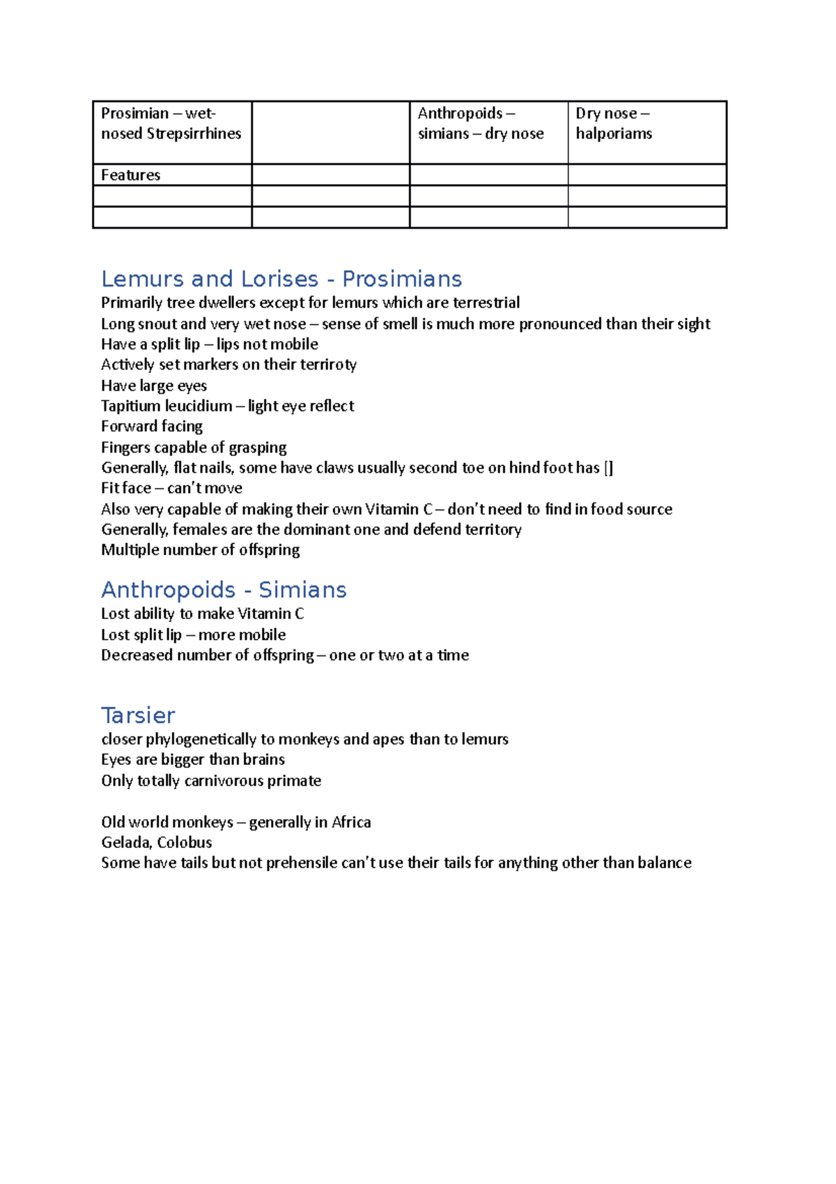 Tutorial 6 - Notes - Prosimian – wet- nosed Strepsirrhines Anthropoids ...