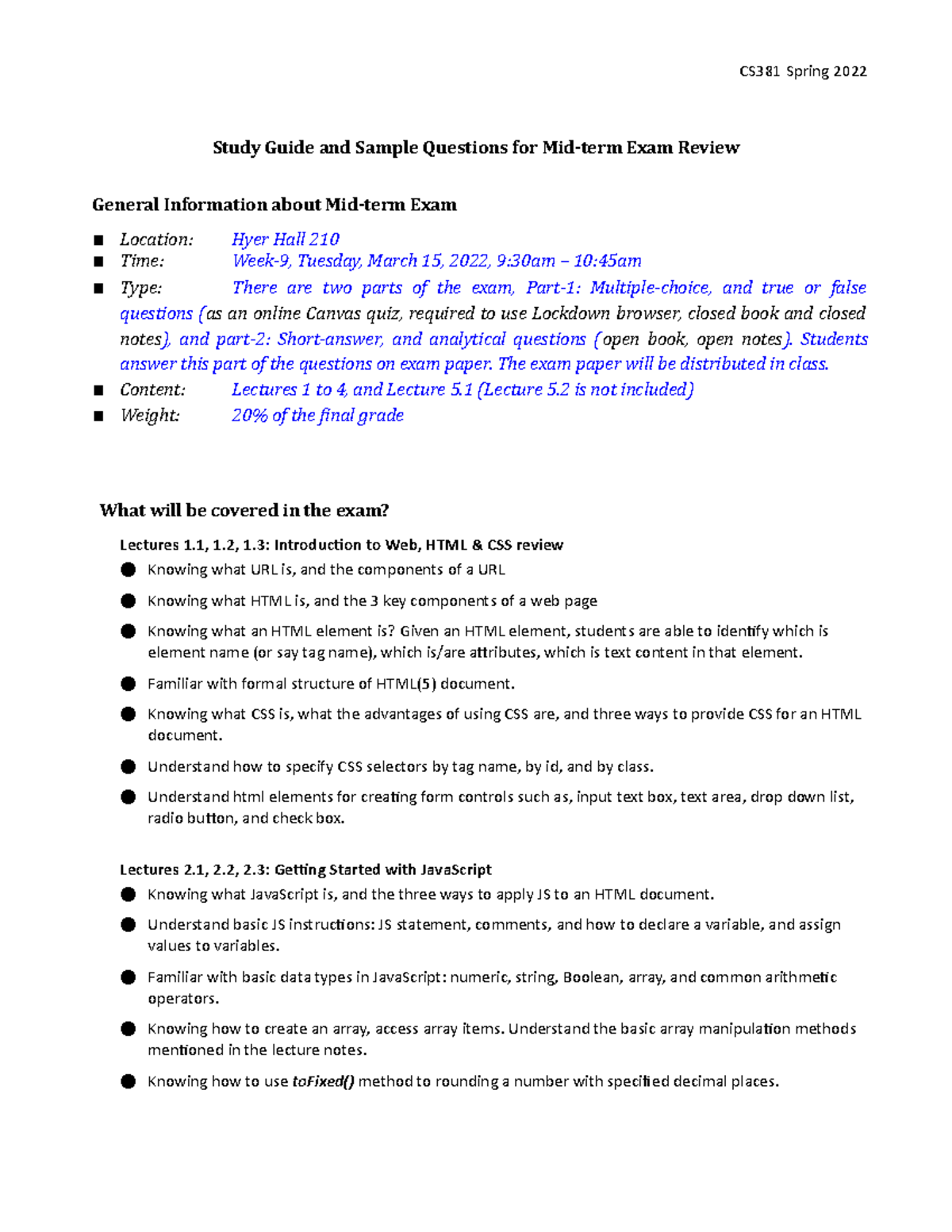 Study Guide & Sample Questions For Midterm Exam - Study Guide and ...