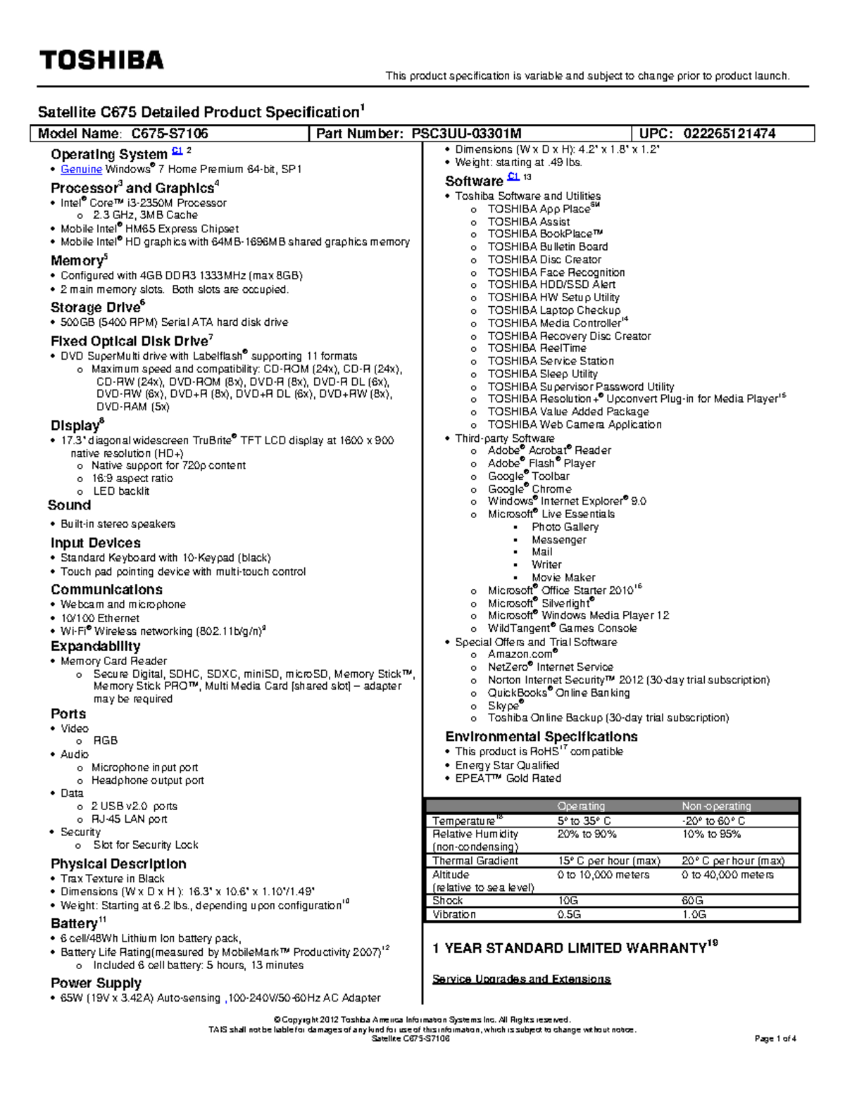 Satellite C675-S7106 - © Copyright 2012 Toshiba America Information ...