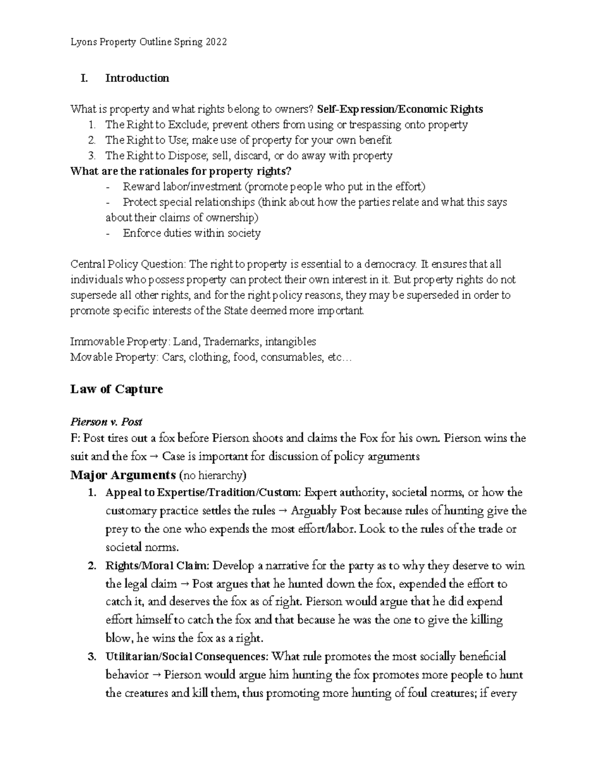 Property Outline - I. Introduction What is property and what rights ...