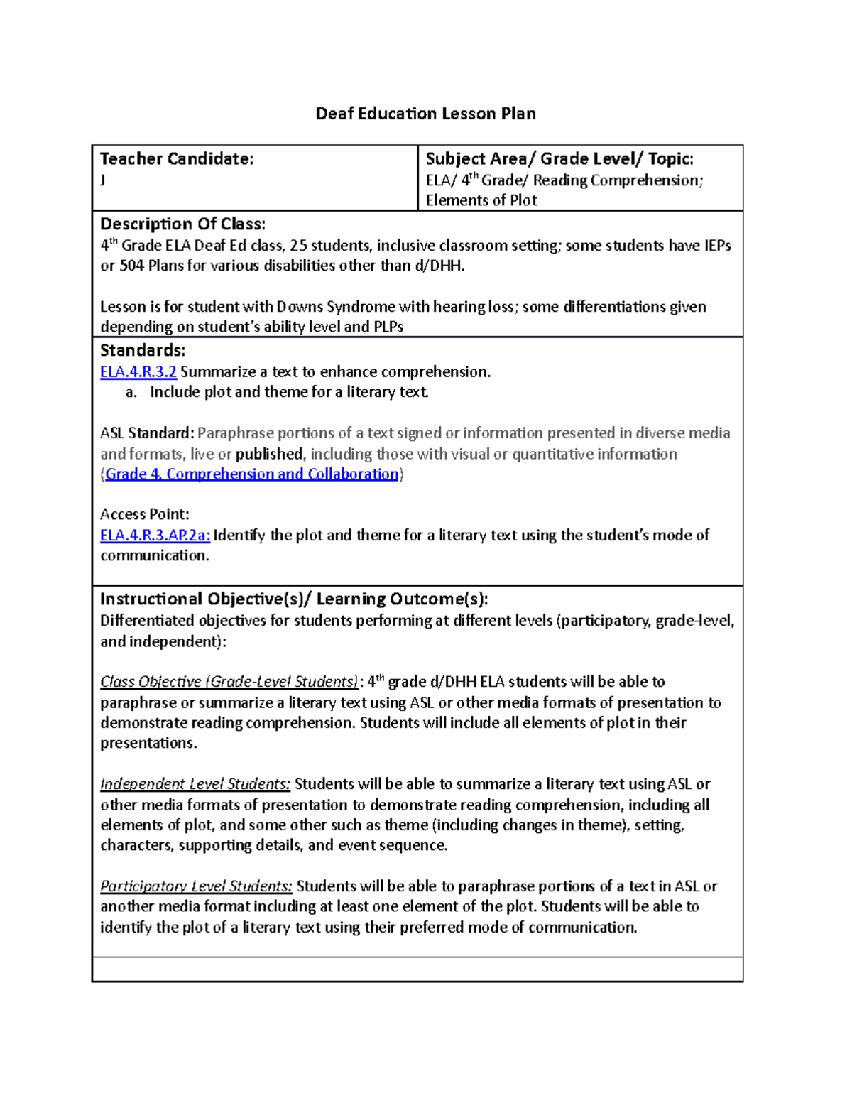 Deaf Education Lesson Plan EHD 4013 - Deaf Education Lesson Plan ...