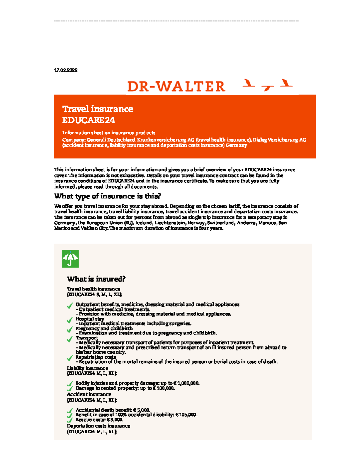 DR- Walter IPID - Content - 17. Travel insurance EDUCARE Information ...