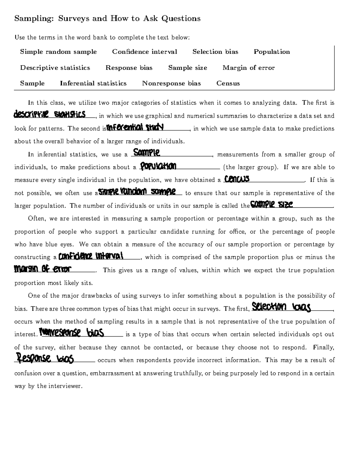 Sampling - In class assignment but you get to take it home, stats 200 ...
