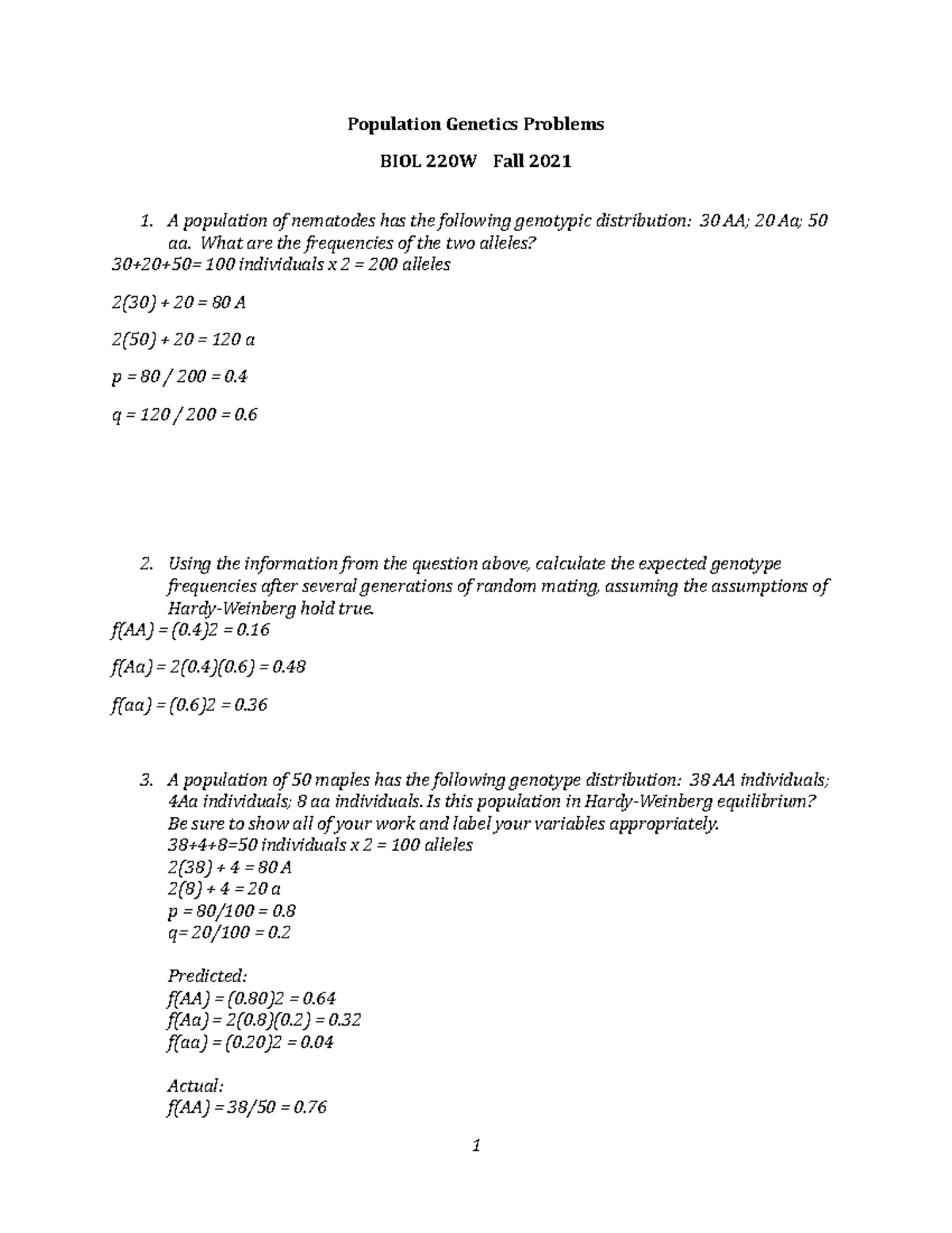 Population Genetics Problems - What are the frequencies of the two alleles? 30+20+50= 100 - Studocu