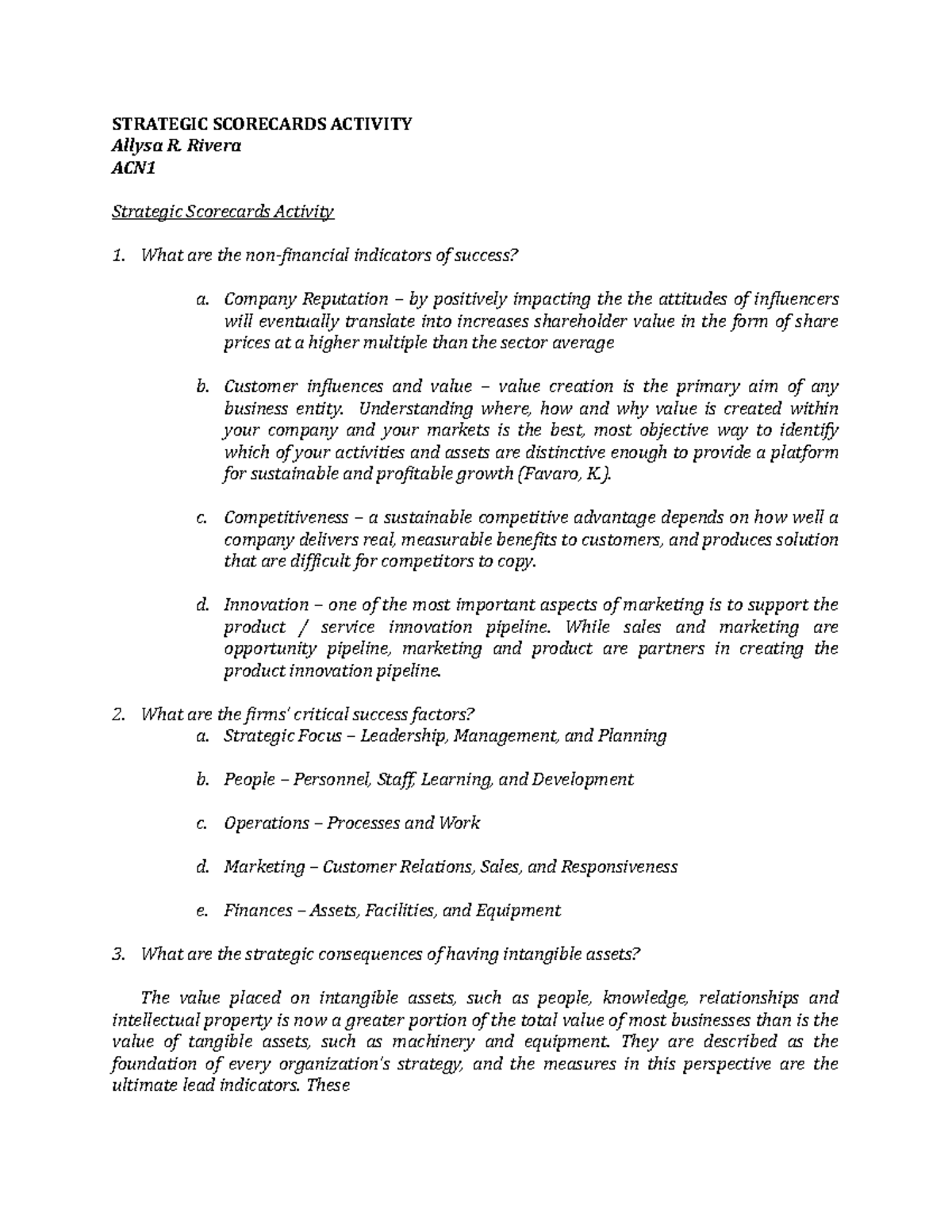 strategic management assignment acot104 - STRATEGIC SCORECARDS ACTIVITY ...