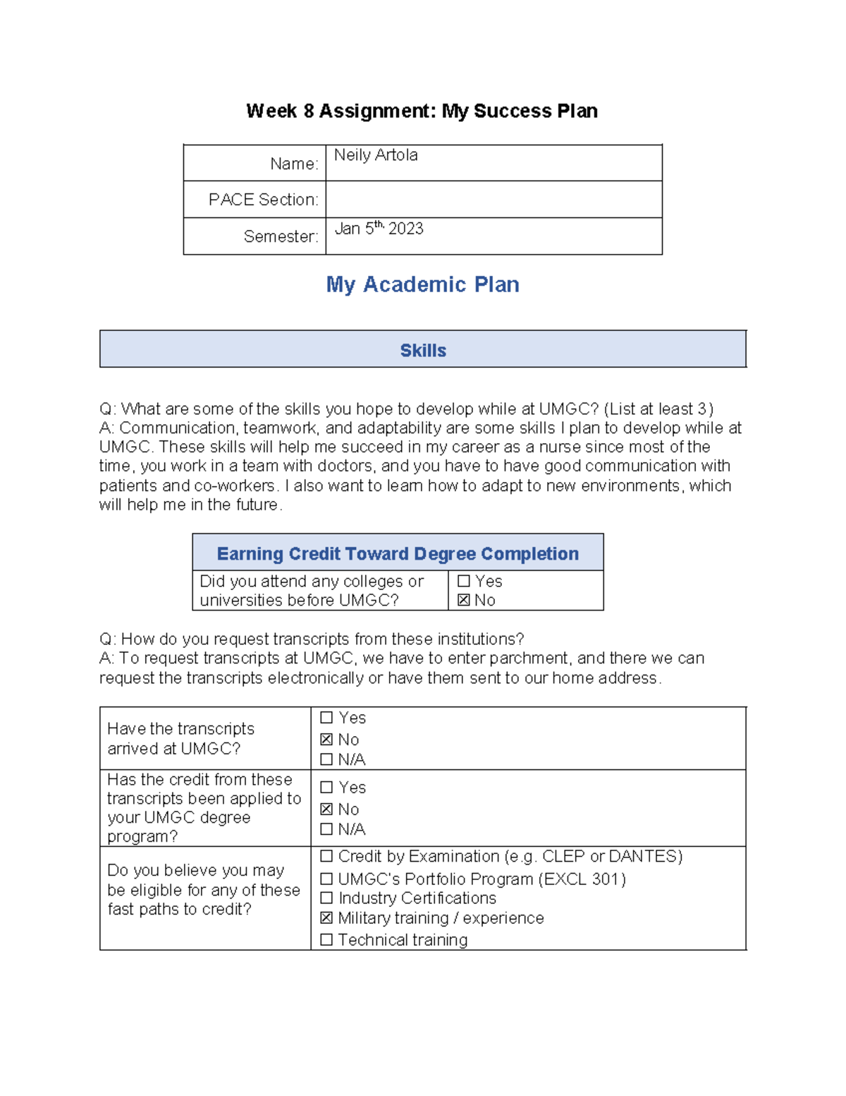 Artola Neily PACE111 My Success Plan - Week 8 Assignment: My Success ...