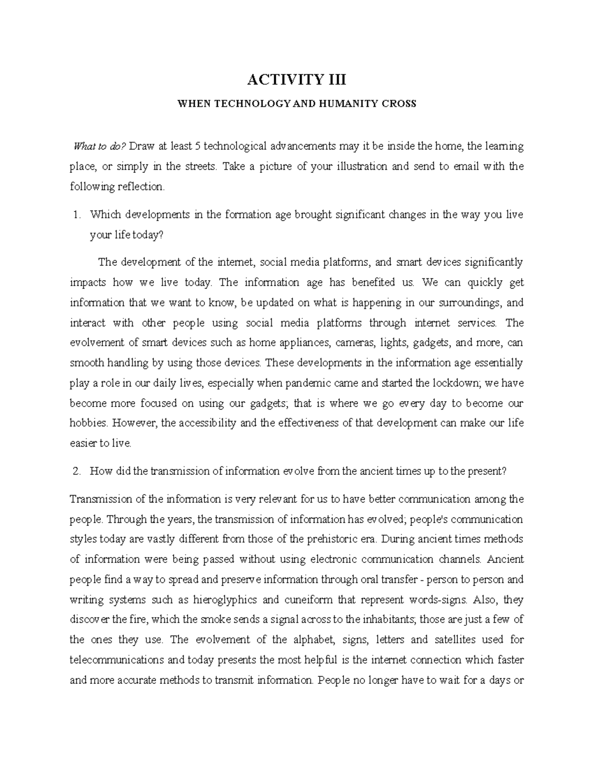 Science and Technology Activity essay - ACTIVITY III WHEN TECHNOLOGY ...