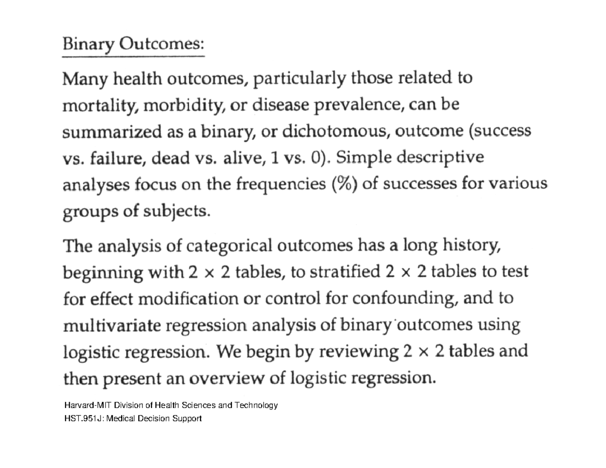 Lecture 7 and 8 extension - Binary Outcomes: Many health outcomes ...