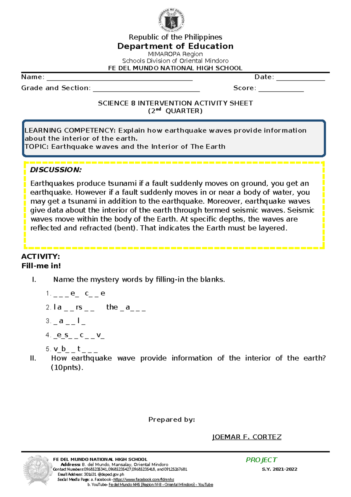 Intervention sheet 2nd Quarter - PROJECT DISCOVER Republic of the ...