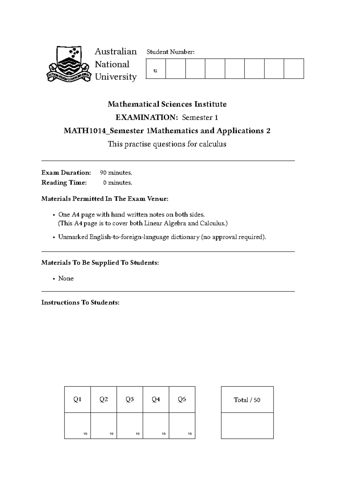 MATH1014 calculus practise S1 2023 - Australian National University Student Number: u ...