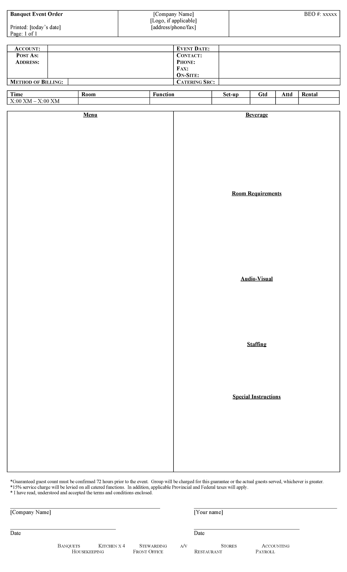 BEO - Banquet Event Order - front - Banquet Event Order Printed: [today ...