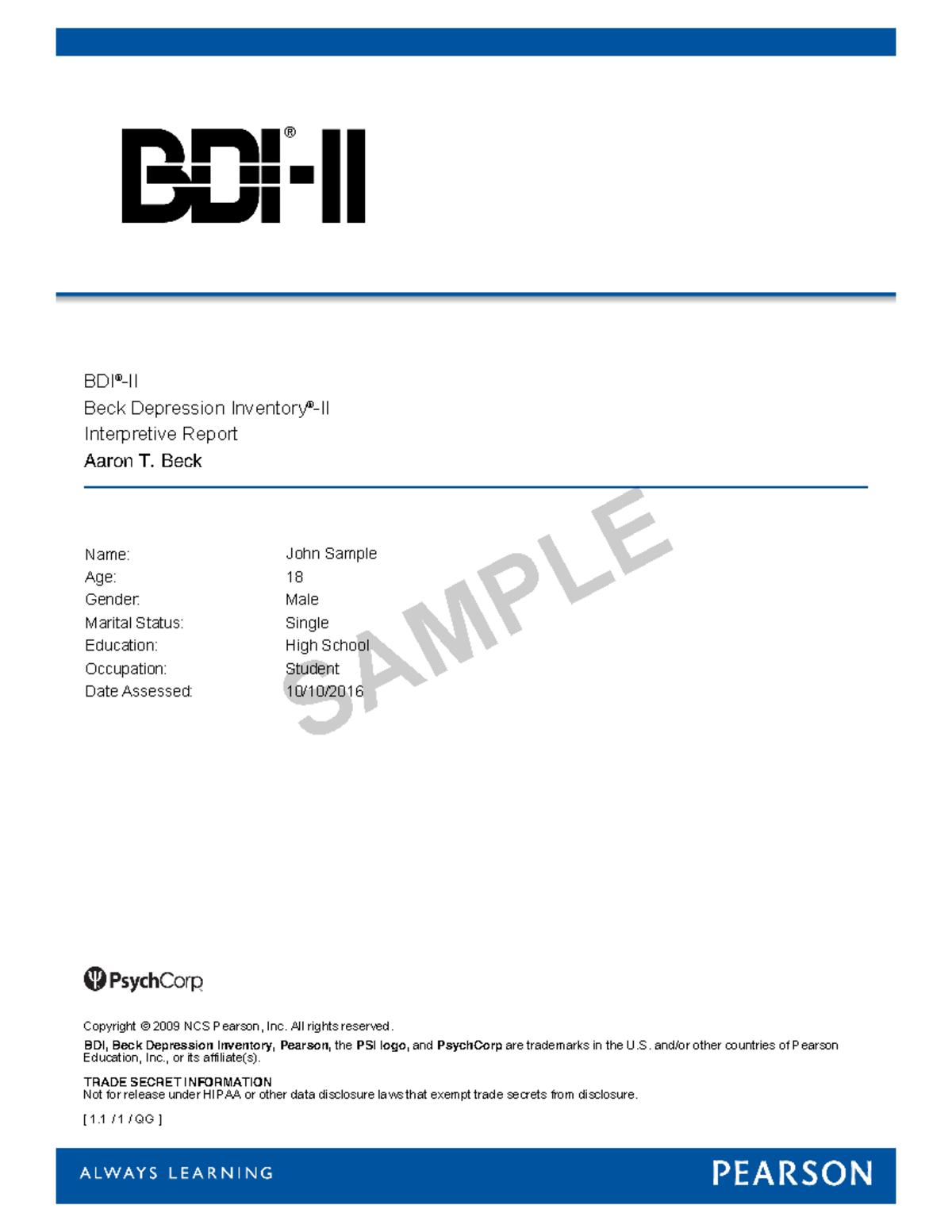 BDI II Sample Interpretive Report - BDI®-II Beck Depression Inventory®-II Interpretive Report ...