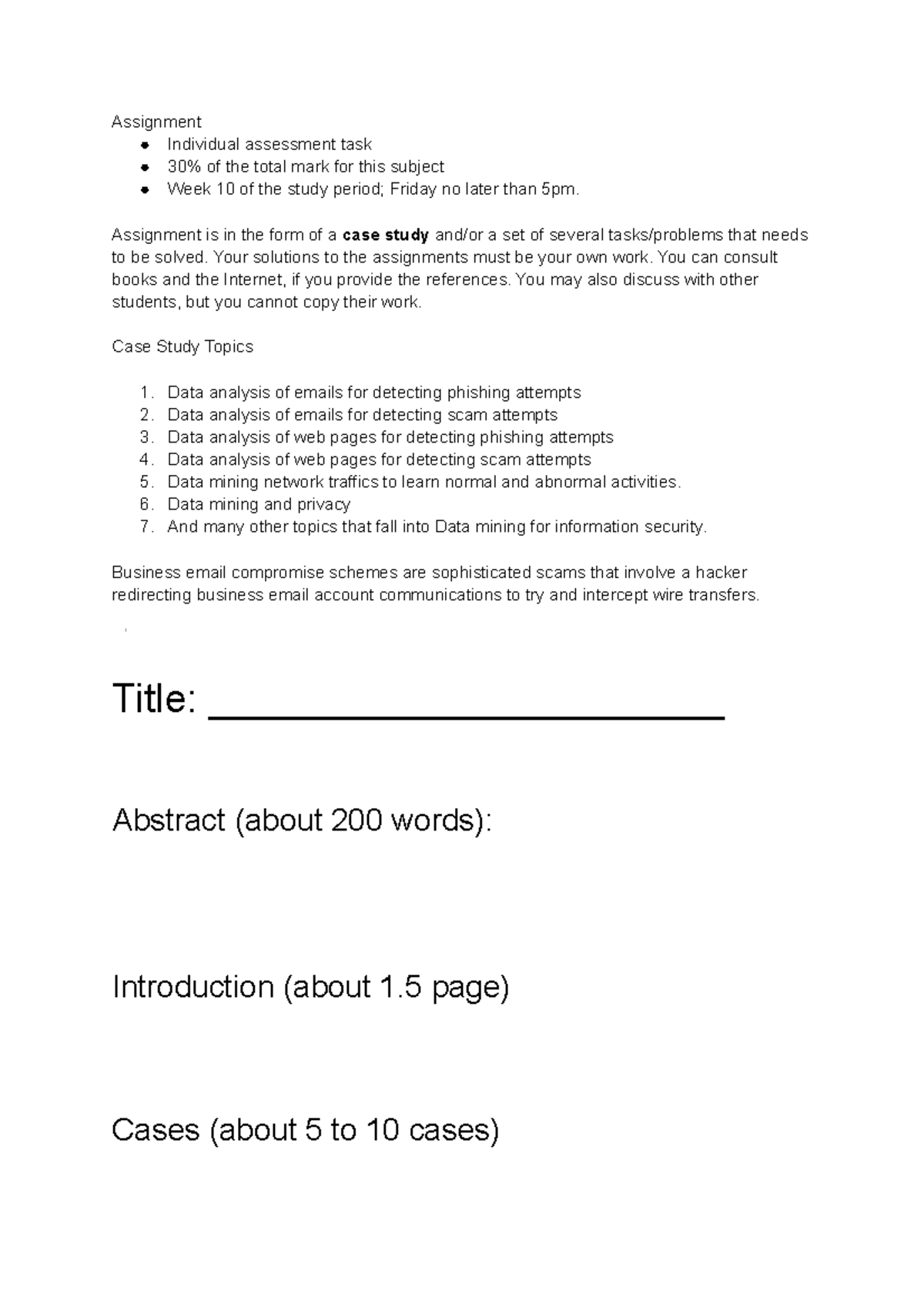 Case Study Report Template - Assignment Individual assessment task 30% ...
