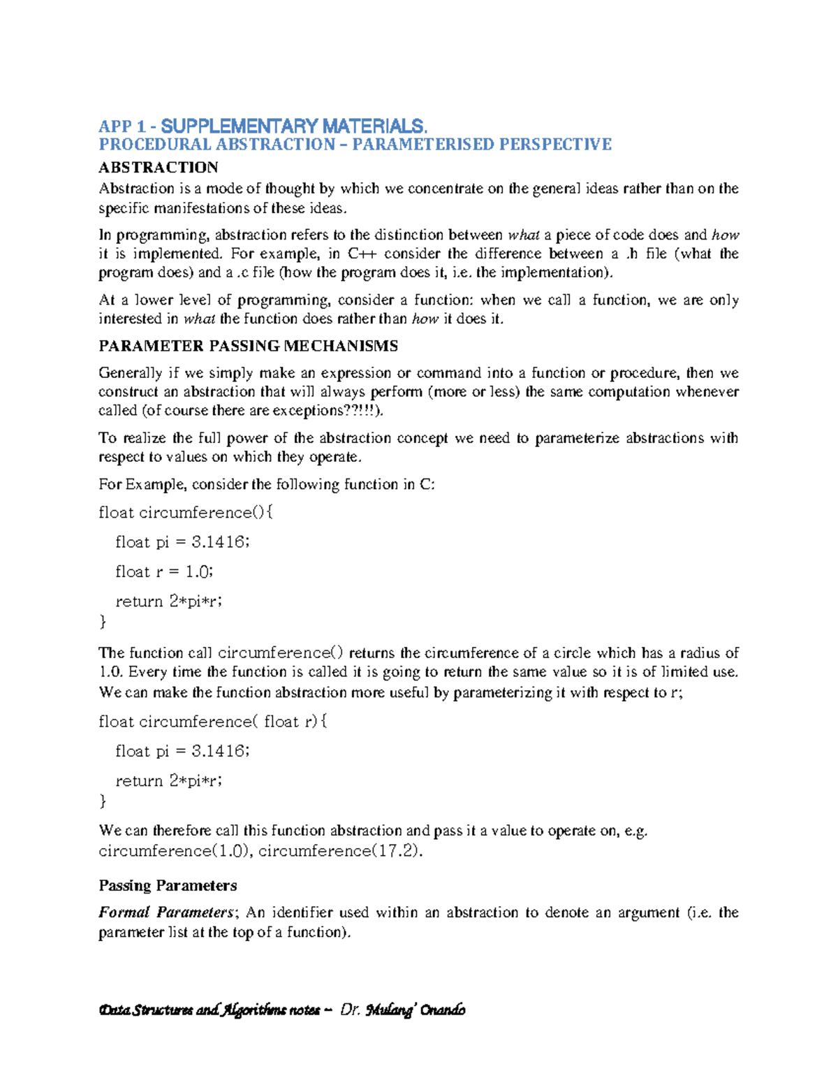 1 Supplementary - Procedural Abstraction Parameters - Passing Parameters Formal Parameters; An ...