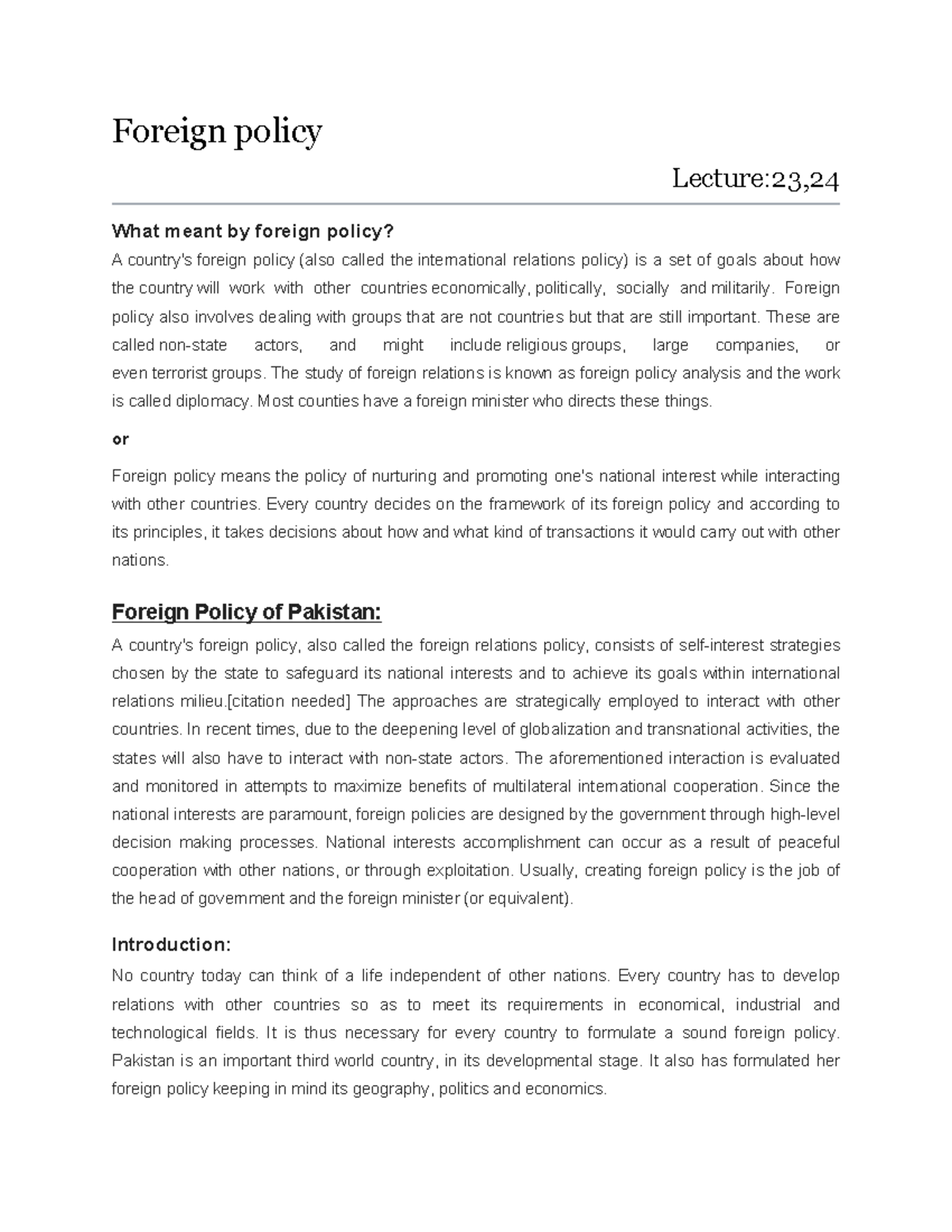 Foreign policy - Copy - Lecture notes 1,2,3 - Foreign policy Lecture:23 ...