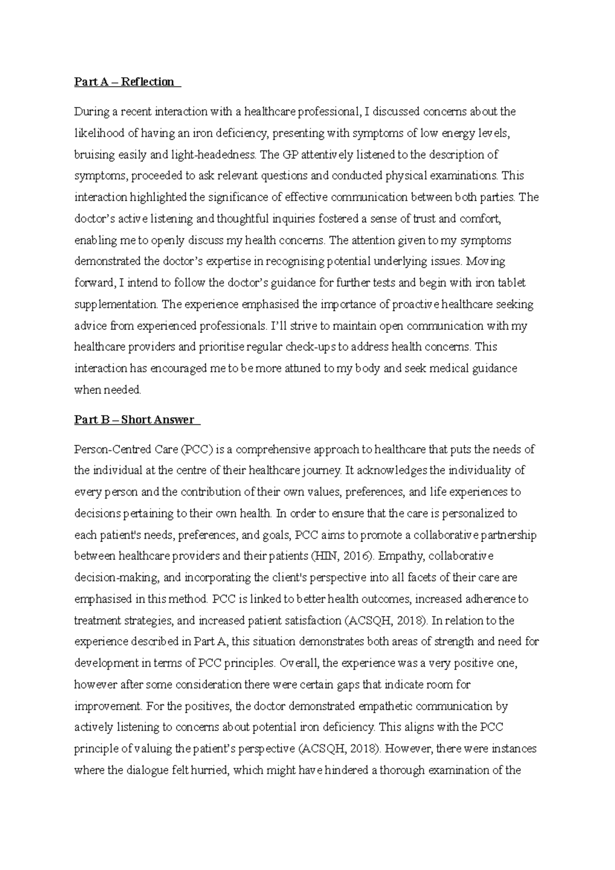 A1 HLTH1000 - Reflection report - Part A – Reflection During a recent ...