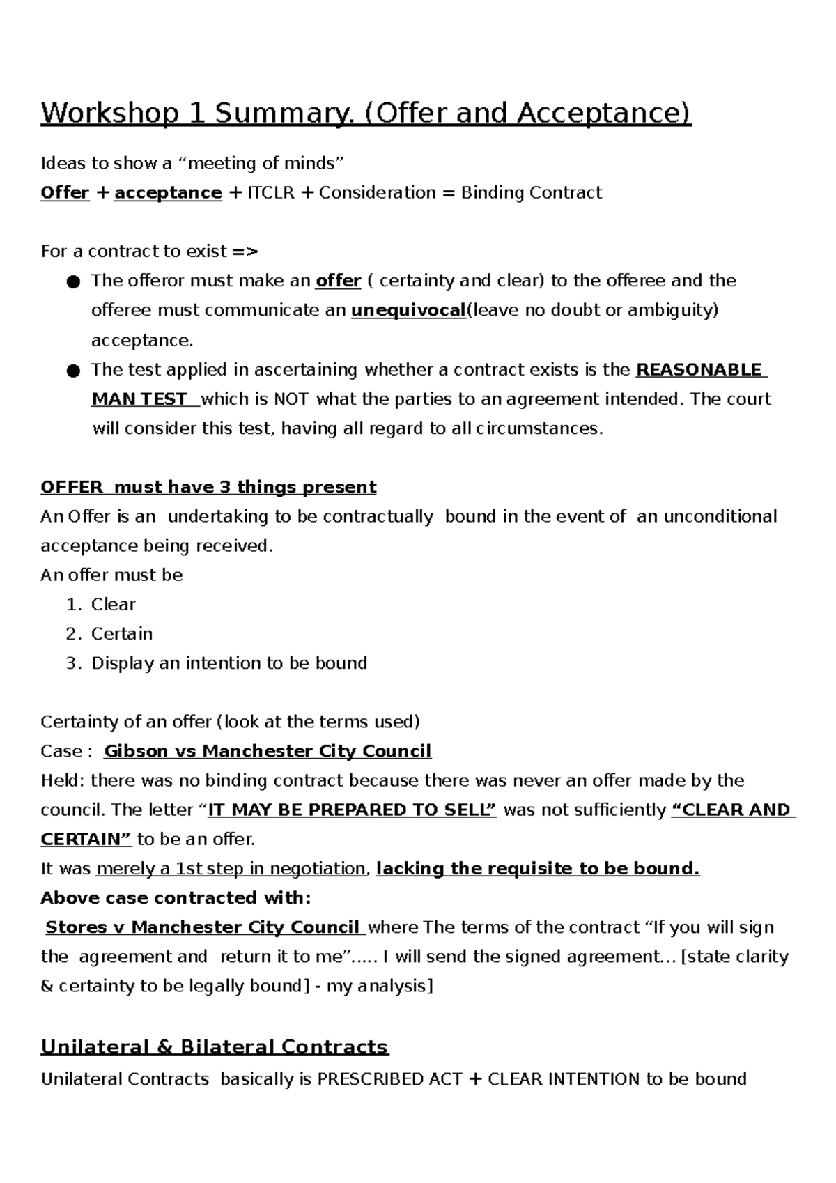 Legal - Workshop Note - lecture notes summary - Workshop 1 Summary ...