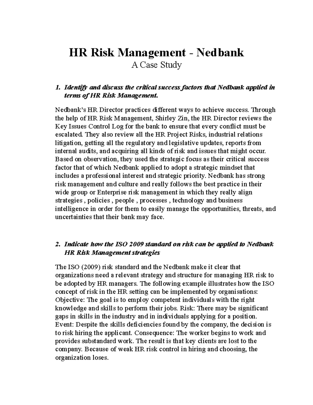 Case Study: HR Risk Management - HR Risk Management - Nedbank A Case ...
