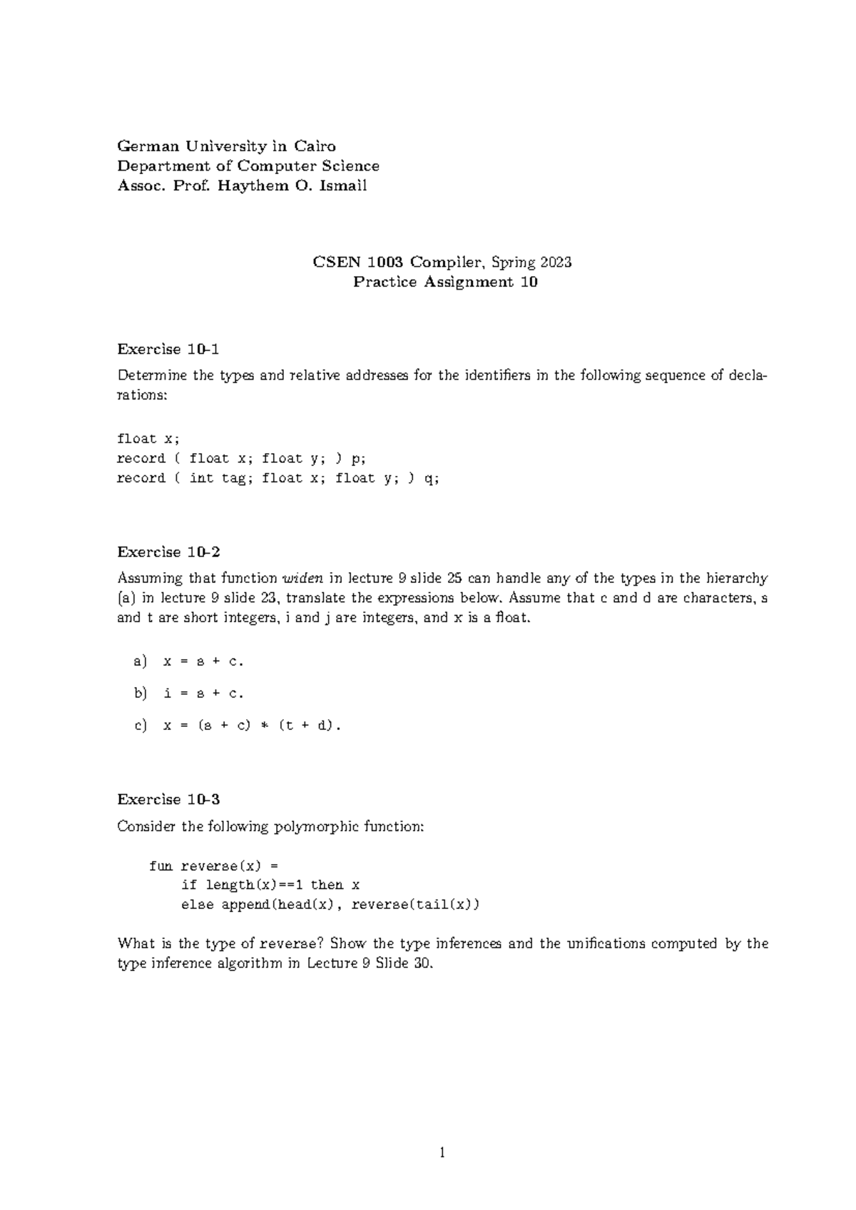 Sheet 10 - German University in Cairo Department of Computer Science Assoc. Prof. Haythem O ...