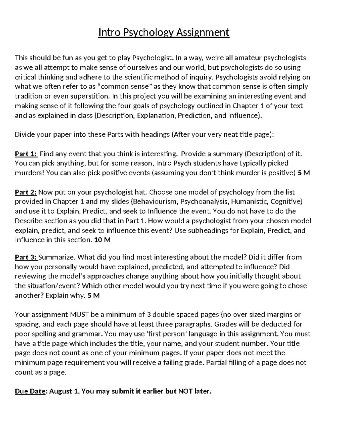 Intro Psychology Four Goals Assignment - Intro Psychology Assignment ...