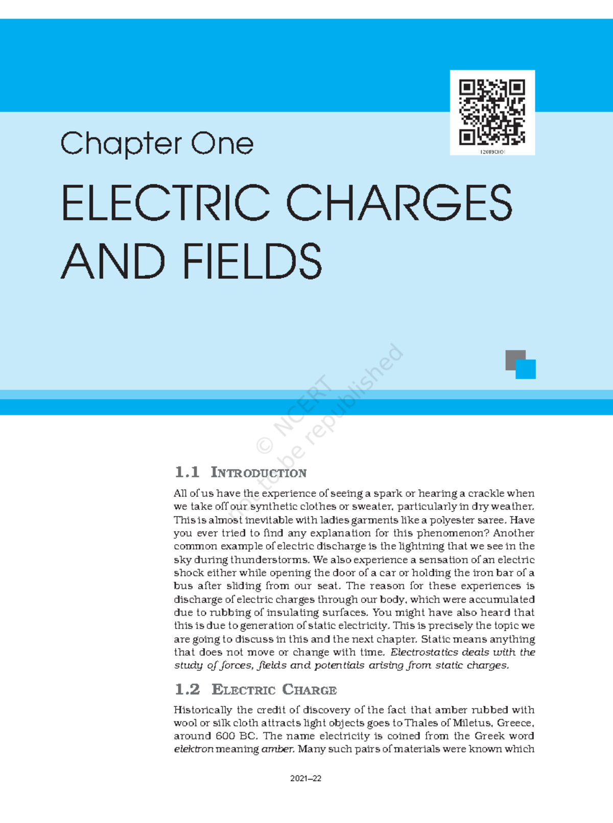 NCERT_Electric charges and fields_textbook - Chapter One ELECTRIC ...
