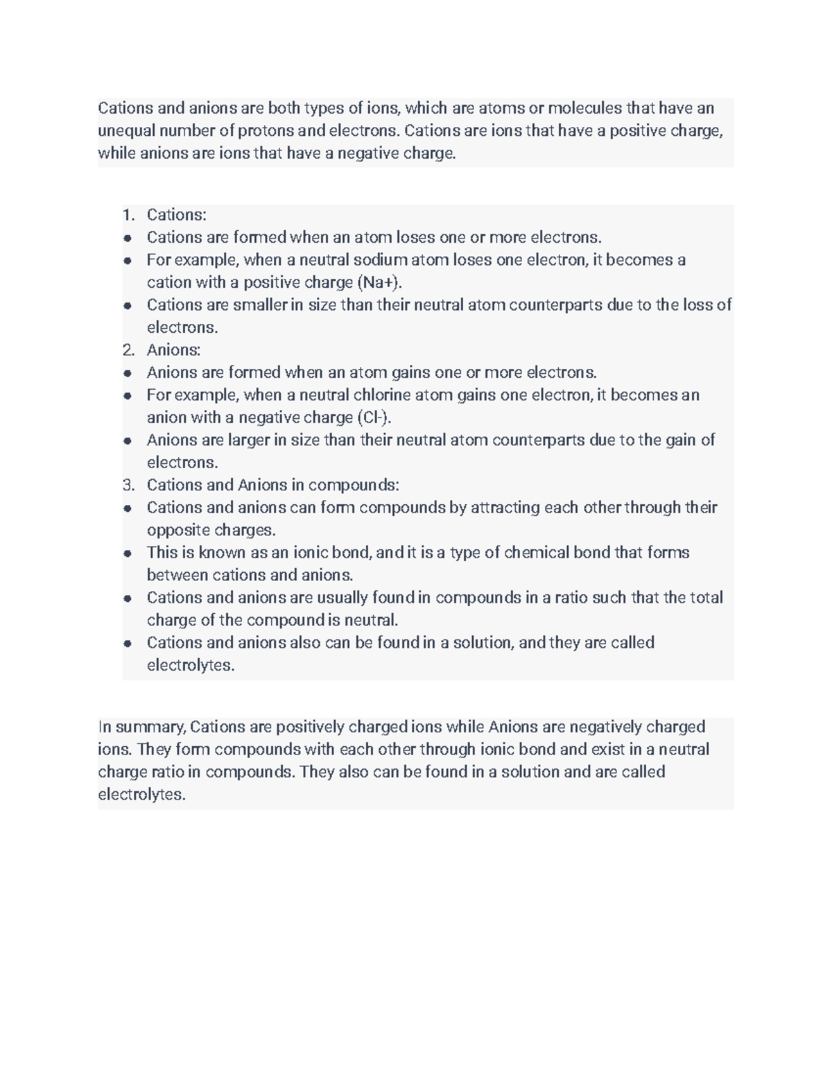 Chem notes 1- Cation and Anions - Cations and anions are both types of ...