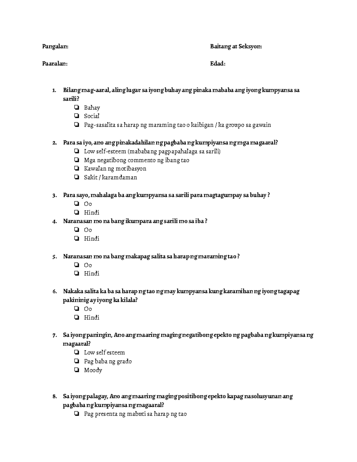 Filipino Questionare Sample - Pangalan: Baitang at Seksyon: Paaralan ...