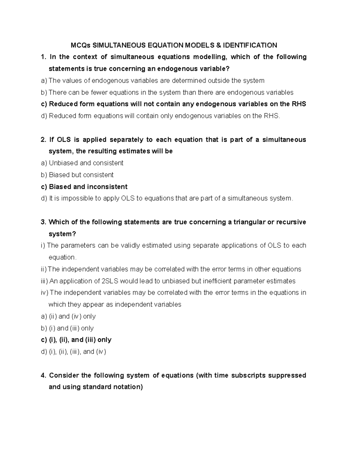 MCQs on Simultaneous Equation Models - MCQs SIMULTANEOUS EQUATION MODELS & IDENTIFICATION In the ...