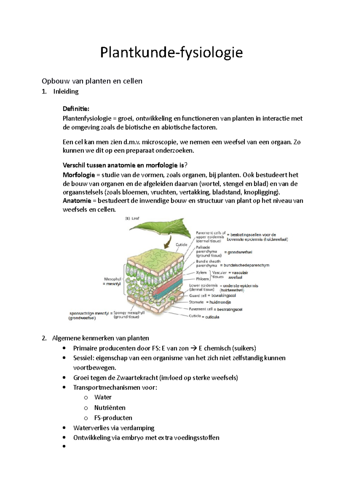 Plantkunde H 1 samenvatting opbouw van planten en cellen - Plantkunde ...