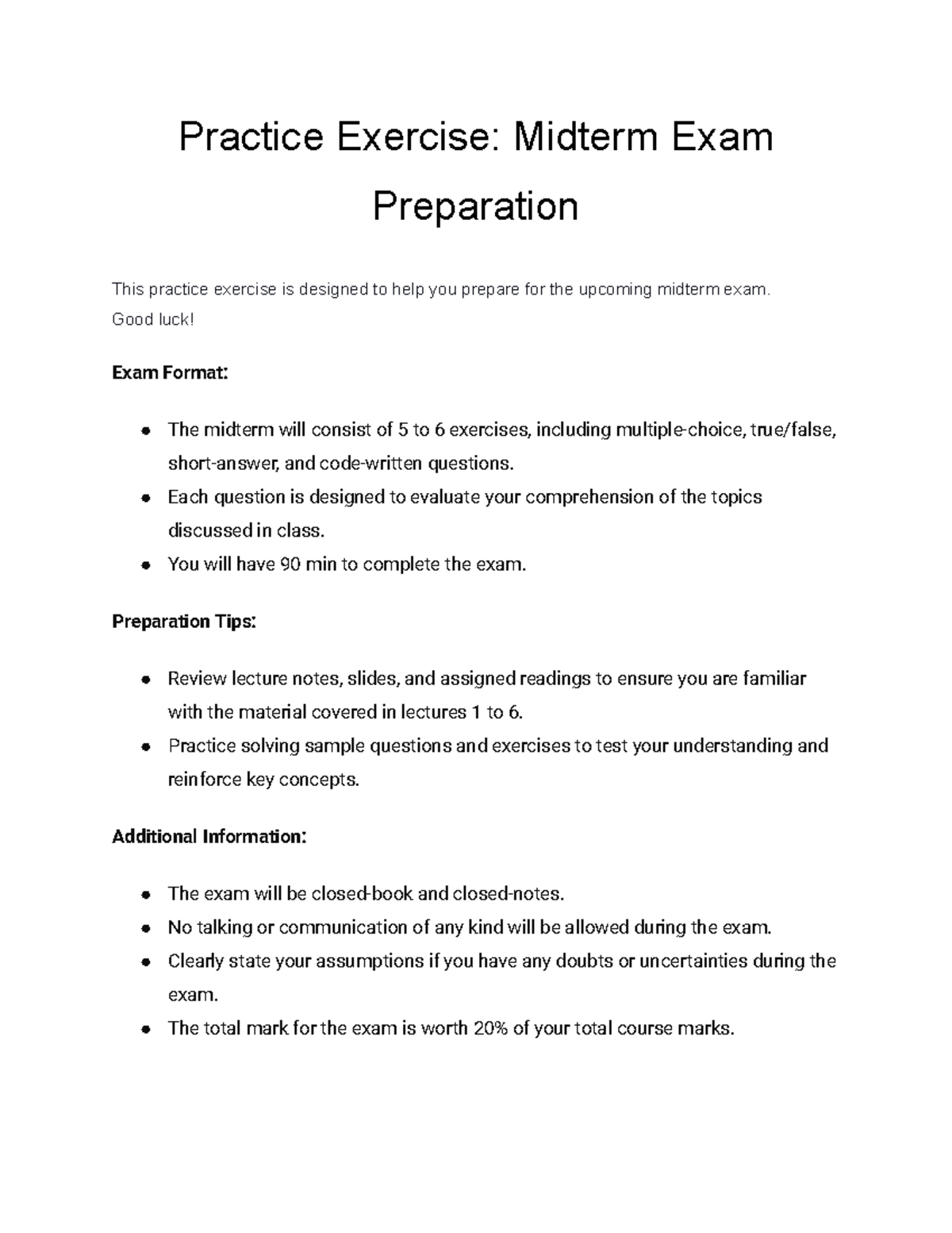 Practice Exercise Midterm Exam Preparation - Practice Exercise: Midterm ...