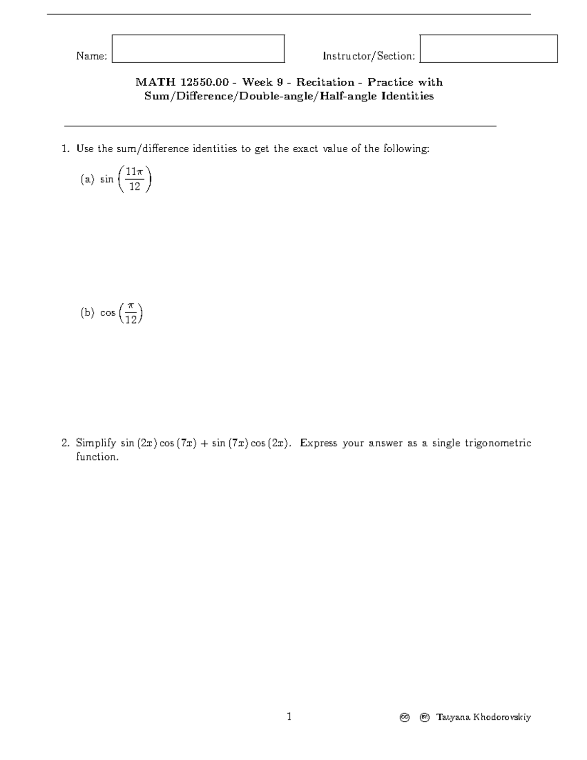 MATH12550 Fall2024 Week09 Recitation sumdiff - MATH 125 - Name: Instructor/Section: MATH 12550 ...