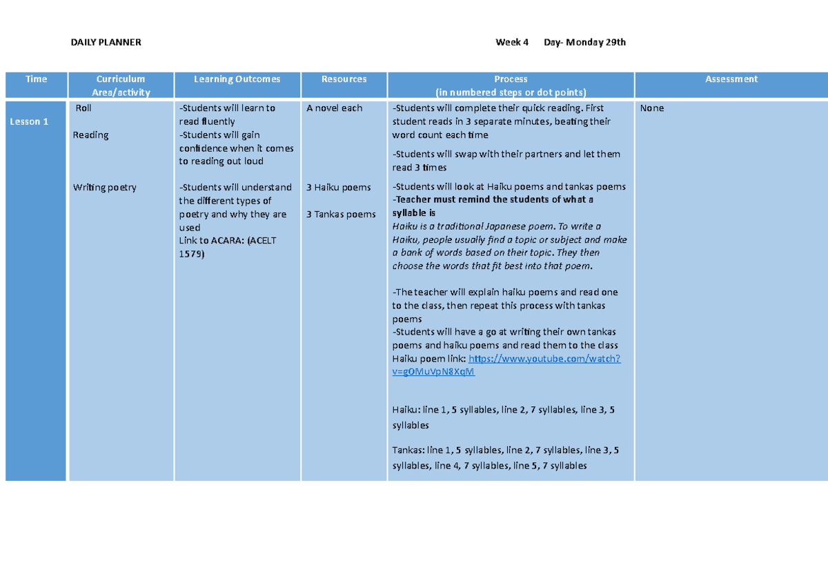 School Daily Plan Monday worked example - DAILY PLANNER Week 4 Day ...