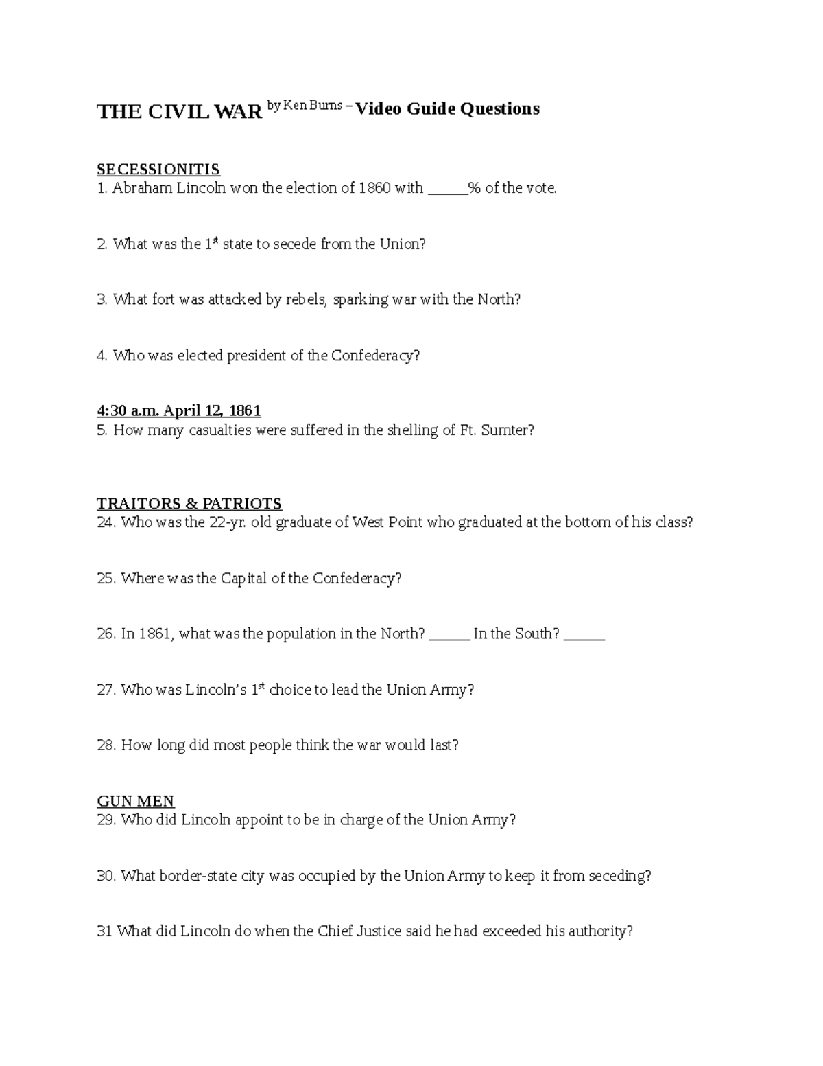 The civil war by ken burns questions - THE CIVIL WAR by Ken Burns ...