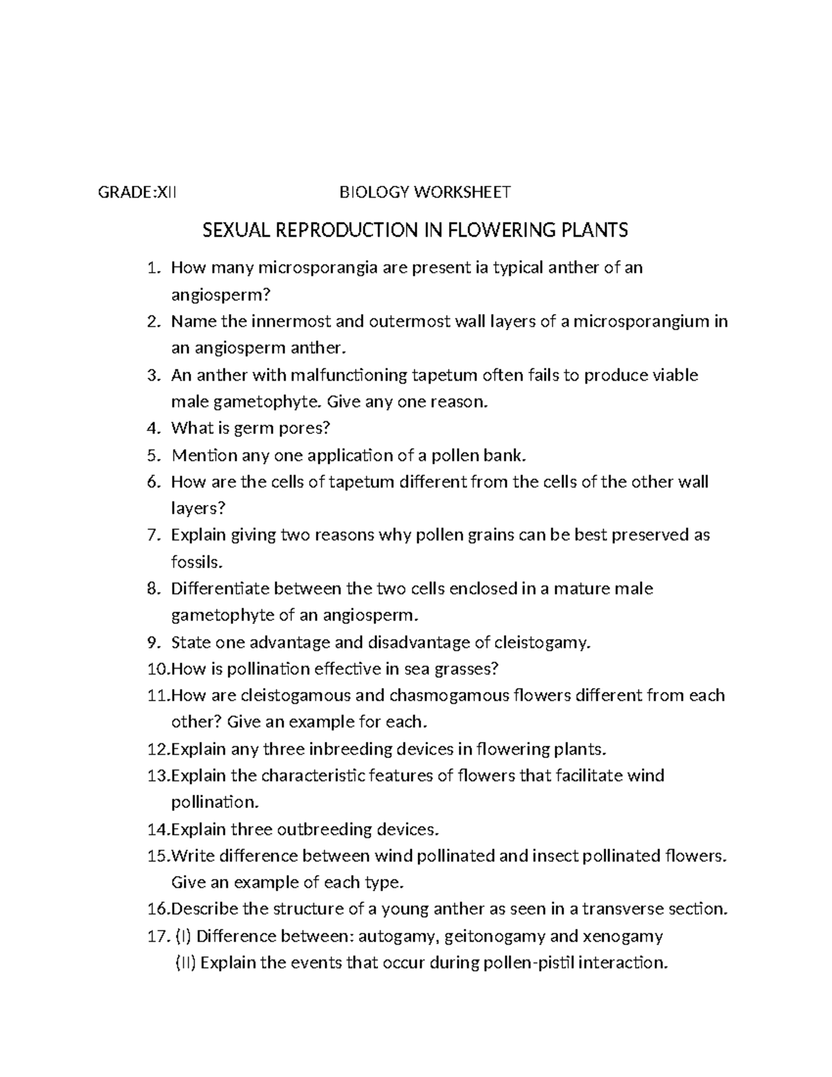 Sexual Reproduction IN Flowering Plants - GRADE:XII BIOLOGY WORKSHEET ...