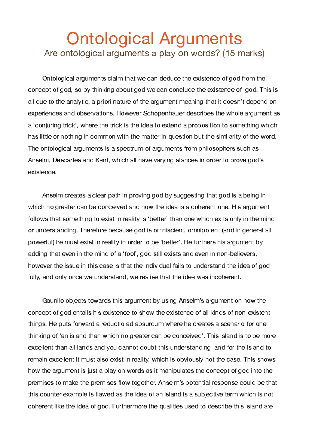 Ontological Arguments - This is all due to the analytic, a priori ...