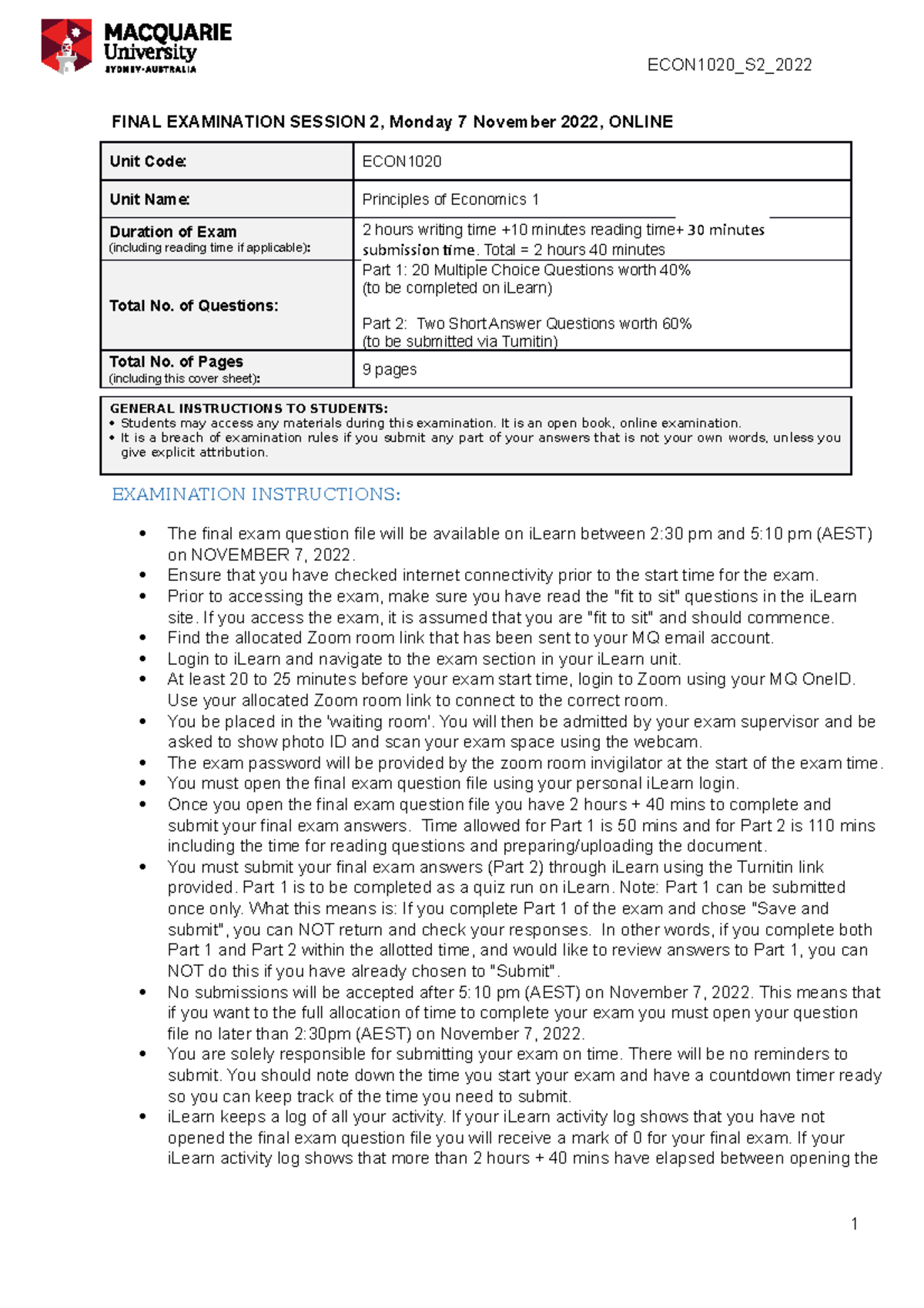 Final EXAM ECON1020 S2 2022 - FINAL EXAMINATION SESSION 2, Monday 7 ...