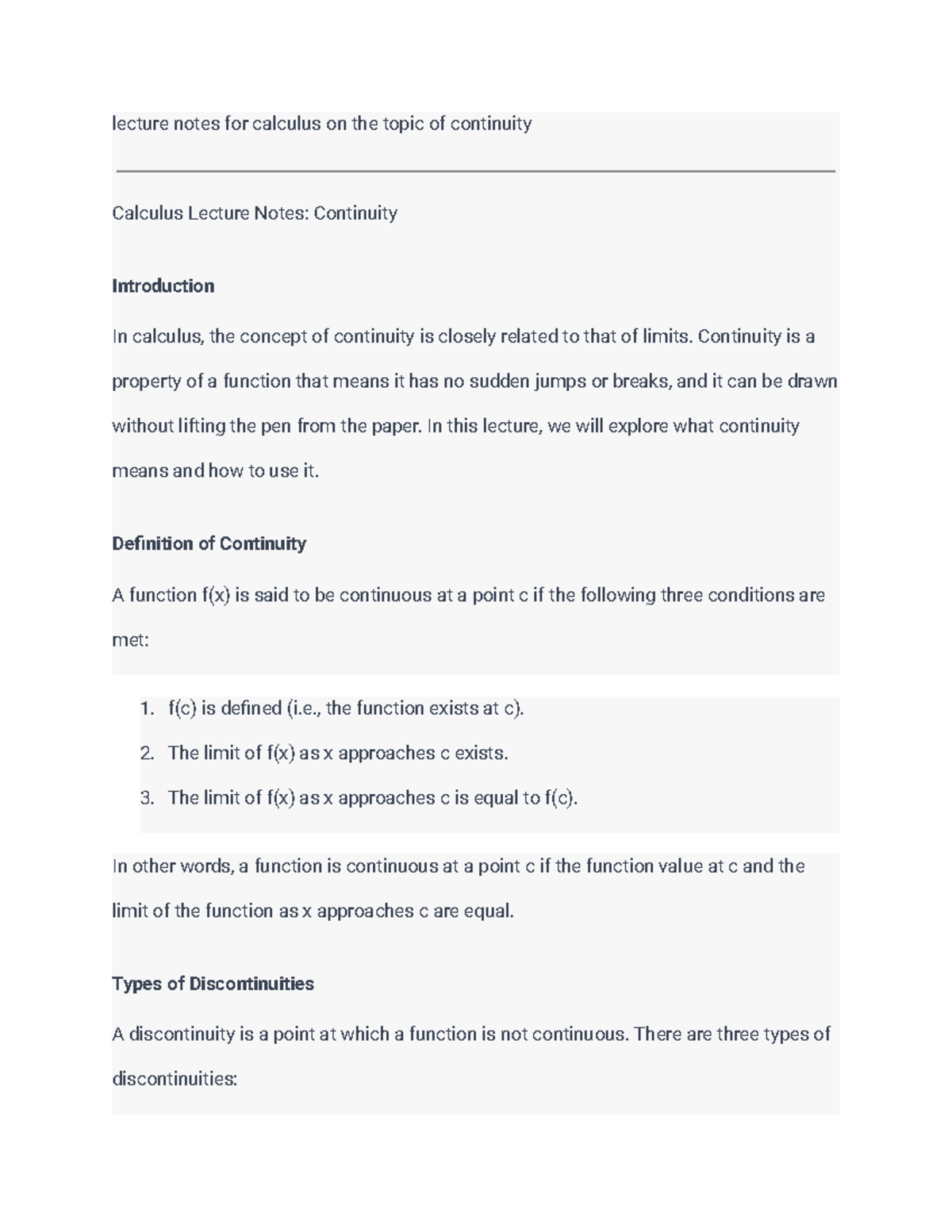 Lecture notes for calculus on the topic of continuity - Continuity is a ...