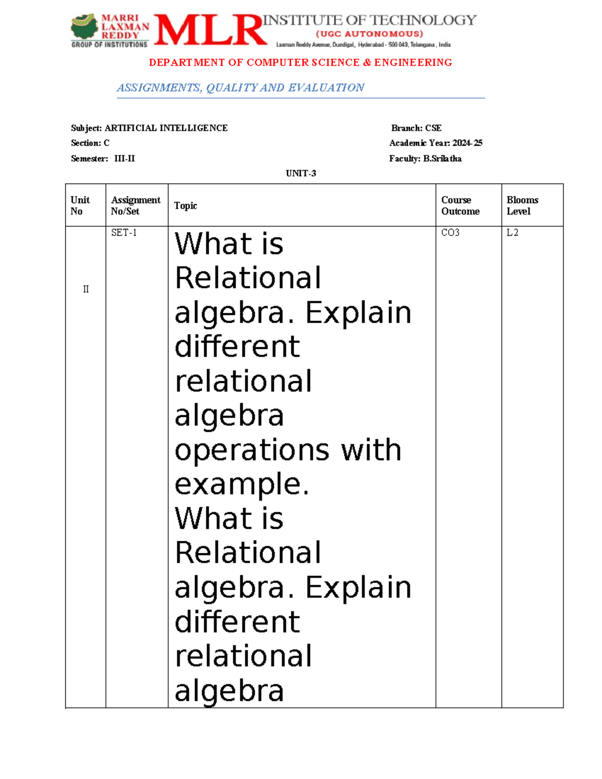 Unit 2 Assignment Ccc Department Of Computer Science And Engineering Assignments Quality And