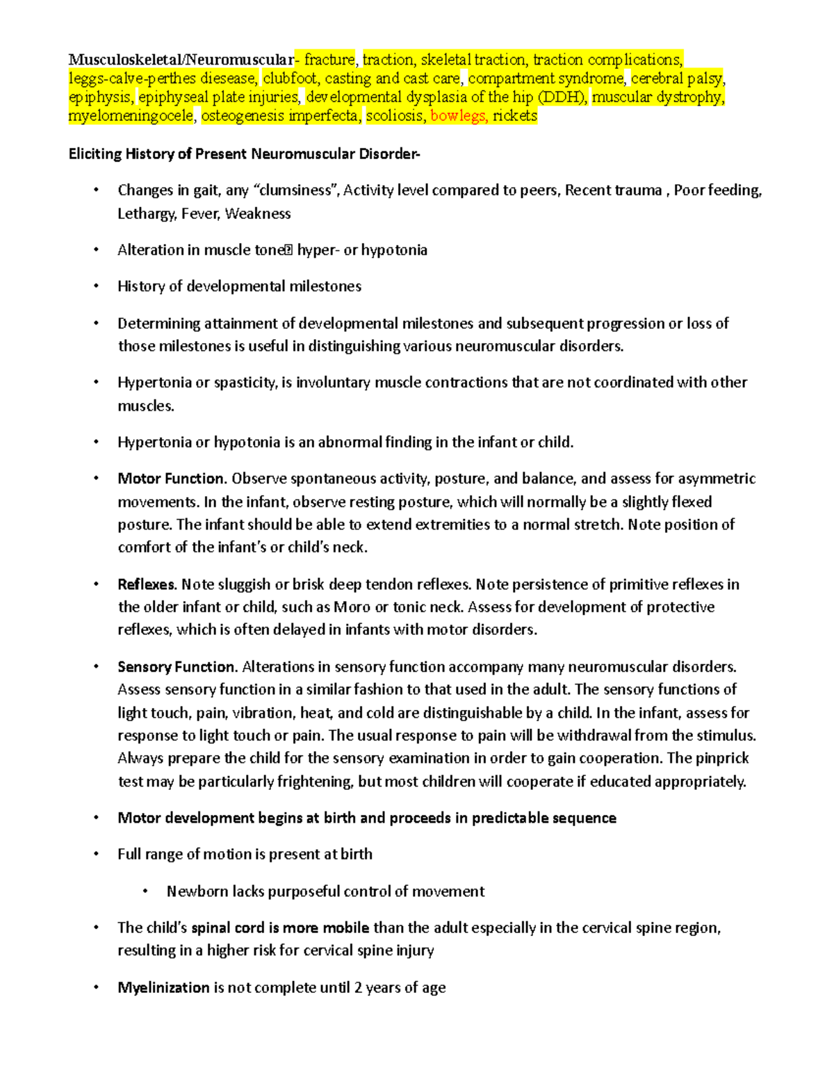 Peds Test 3 Study Guide - Covers Neuromuscular and Musculoskeletal ...